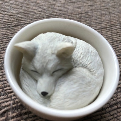 Miniature White Fox Figurine Sleep in Teacup. Handmade Resin Teacup Fox ...