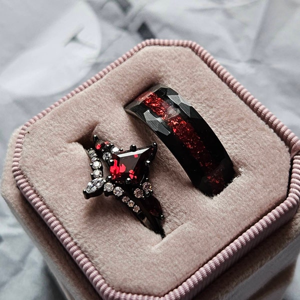 Skye Natural Red Garnet Couples Ring Set- His and Hers Matching Wedding ...