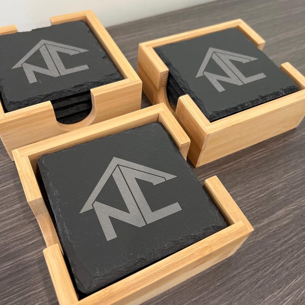 Set of 4 Custom Logo Slate Coasters With Bamboo Coaster Holder ...