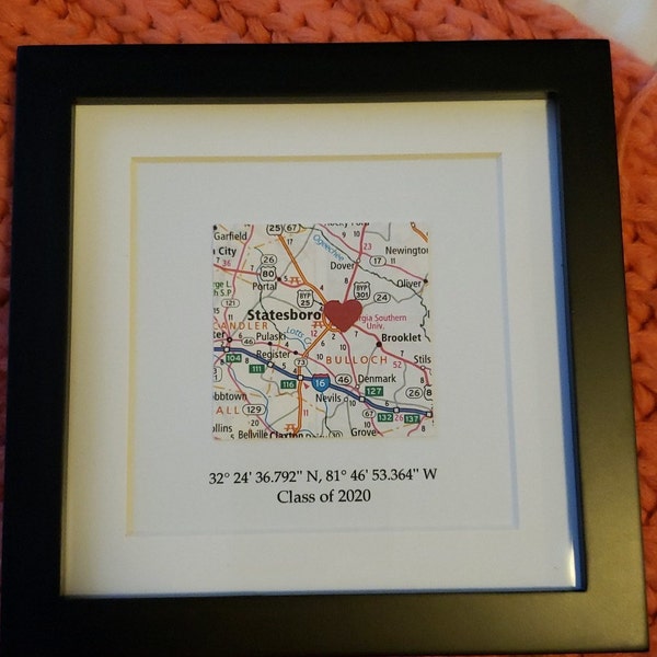 Framed Map & GPS Coordinates Custom Map Gift Latitude Longitude 5x5 ...
