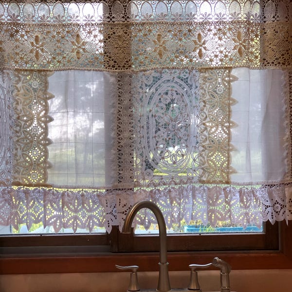 Mediterranean Beach SHABBY Chic Ivory White Farmhouse Lace Curtain ...