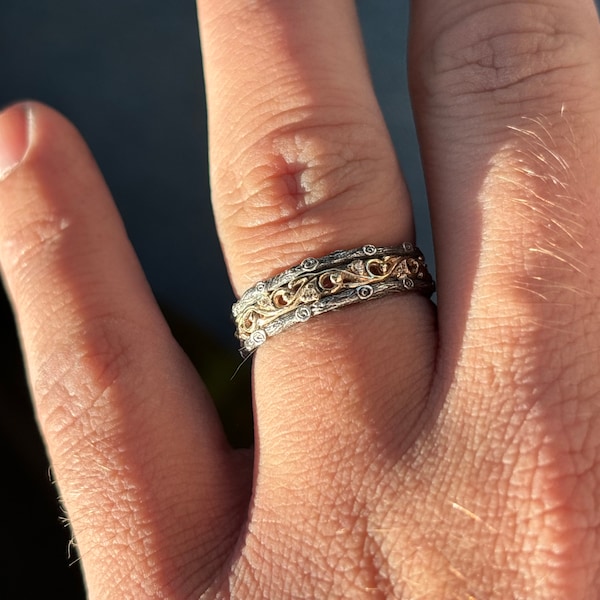 Branch Silver & Gold Vine Ring With Natural Emerald Stones, Wedding ...