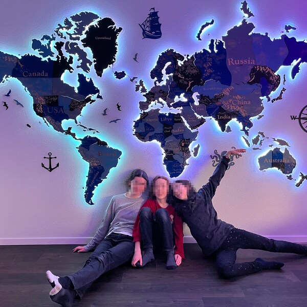 3D LED RGB Map of the World, Neon Map Wall, 3D Wooden World Map ...