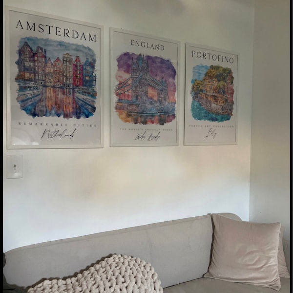 Watercolor Travel Prints, Touristic Gallery Set, Vacation City Illustration, Colorful City ...