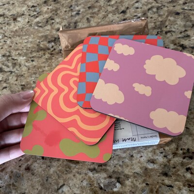 Cute Coasters Set of 4 Wavy Coasters Funky Decor Cork Coaster Colourful ...