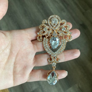 Gold Tone Rhinestone Flat Back Brooch Swinging Drop Pin Clear Crystal ...