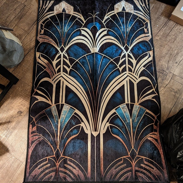 Navy Blue Rug, Art Deco Rug, Gold Striped Rug, Home Decor, Housewarming ...