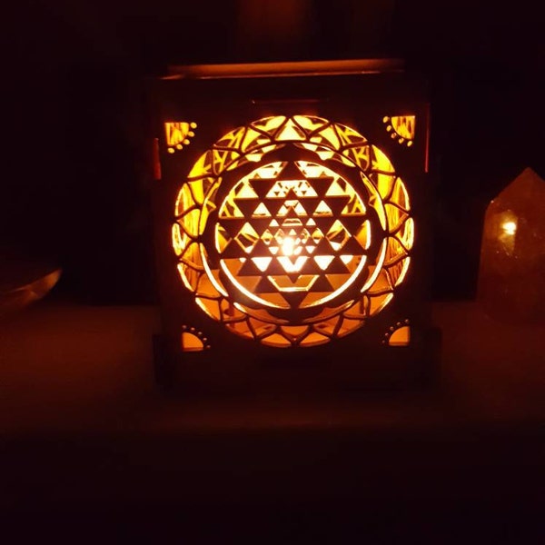 Hindu Mandala Sri Yantra Wooden Tealight Shadow Lantern Candle Holder ...
