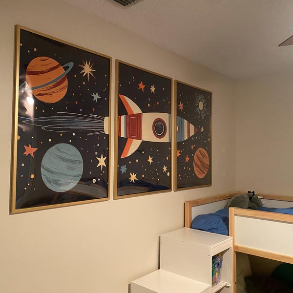 Space Rocket Wall Art Set of 3, Retro Rocket Print, Kids Room Space ...