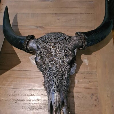 Real Buffalo Skull on Pedestal, Buffalo Skull Decorated Metalized ...