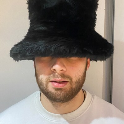 Extra Wide Wire Brim Black Fuzzy Bucket Hat-black Fur Hat-fake Fur Hat ...