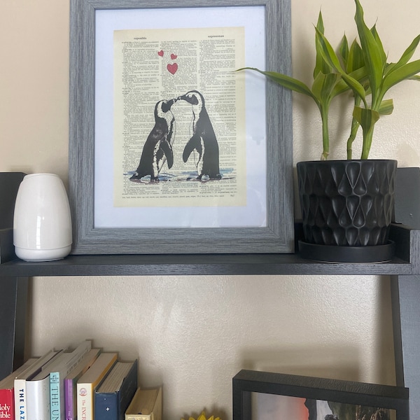Penguin Love Vintage Illustration Printed on Old Book Page. Engagement ...