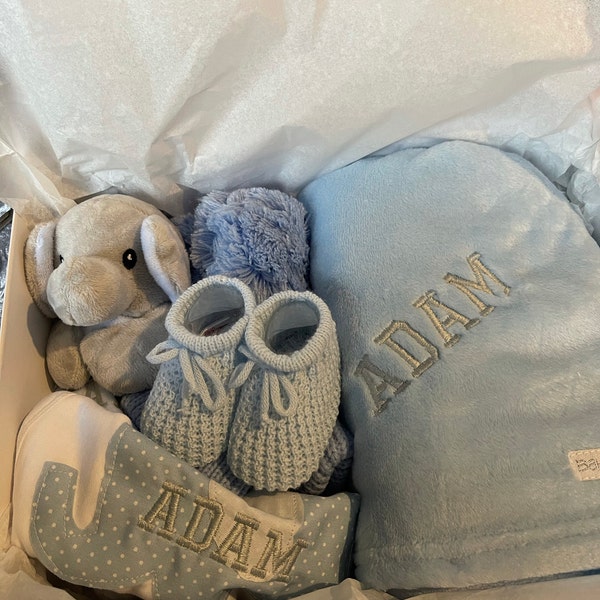 Baby Name Blanket, Baby Shower Boy Gift, Personalised Baby Blue Hamper ...