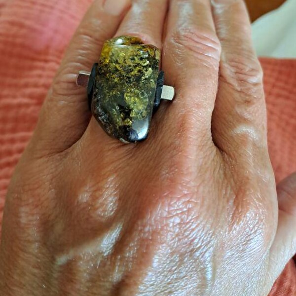 Raw Amber Ring, Big Gemstone Ring, Large Amber Jewerly Ring, Handmade ...