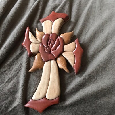 Lily Cross , Wooden Cross, Intarsia Cross, Intarsia Wooden Art, Wooden ...
