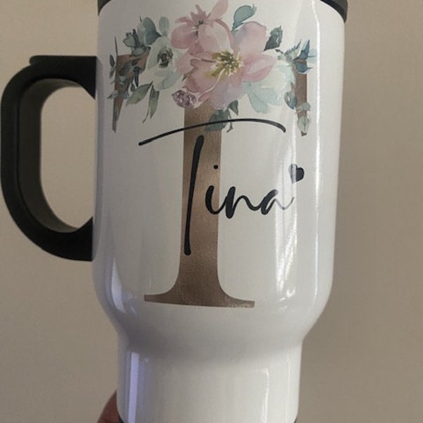 Personalised Travel Mug ,any Name, Floral Alphabet Travel Mug , Double ...