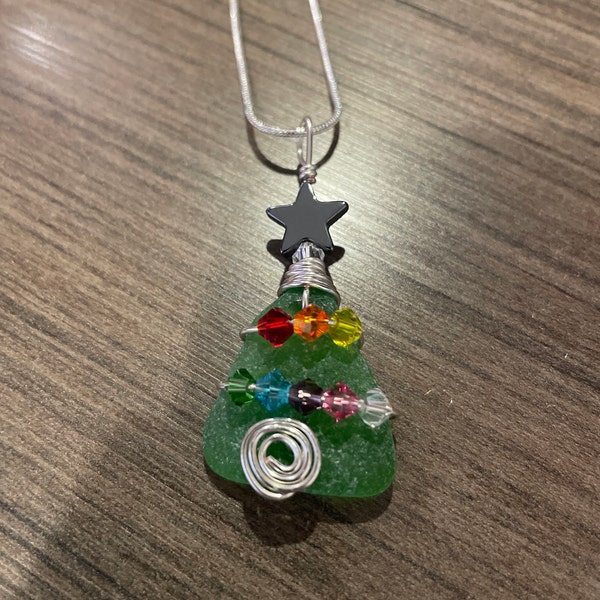 Genuine Sea Glass Christmas Tree Necklace/christmas Tree Pendant ...