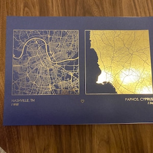 A4 Any Two Locations Metallic Map Print, Custom Multi Location Foil Map ...