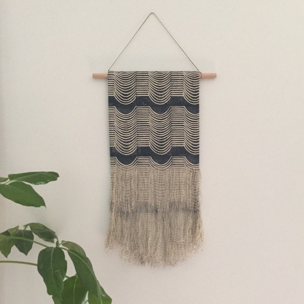 Wave Block Print Fringe Wall Hanging in Blue 39 Inches Wide X 32 Inches ...