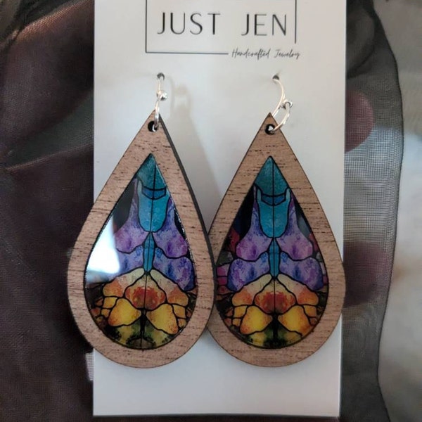 Mosaic Stained Glass Earrings // Teardrop // Wooden // Bright Colorful ...