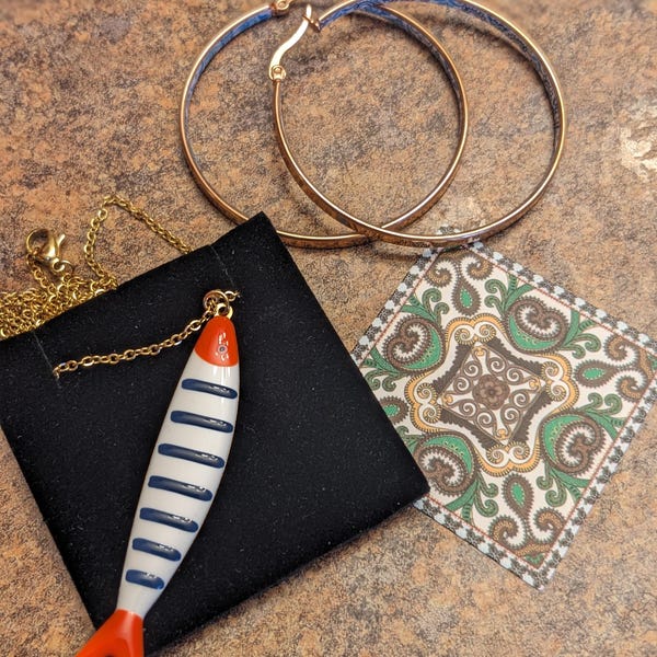 Portuguese Sardine Necklace Fish Blue Red White Enamel Pendant Gold ...