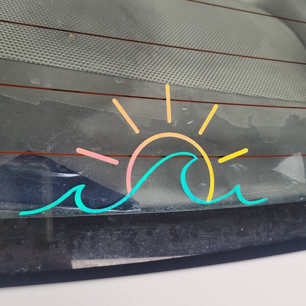 Ocean Wave and Sun Decal, Holographic Sunset Beach Decal, Beach Car ...