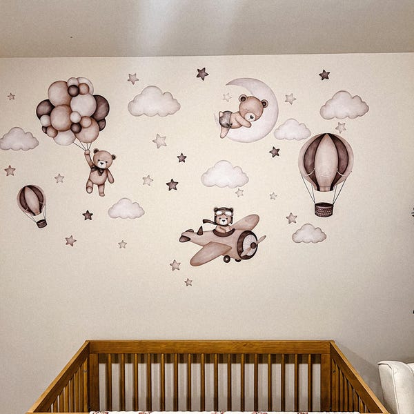 Personalised Teddy Bear With Air Balloons, Nursery Wall Decal, Kids ...