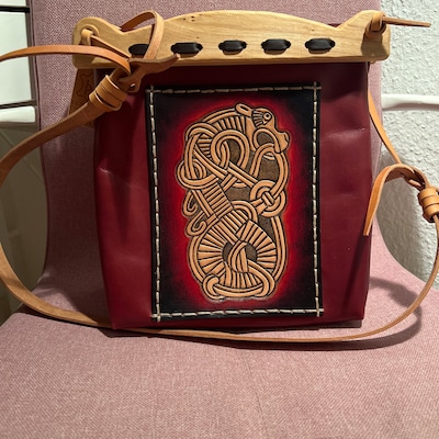 Viking Leather and Wood HANDLE Bag, Hedeby Haithabu Bag, Hand Carving ...