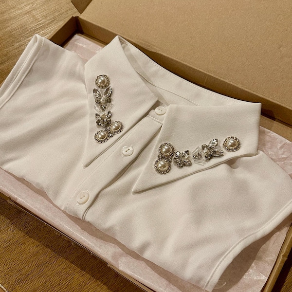 Detachable Collar With Rhinestones and Pearls | White Collar Dickey ...