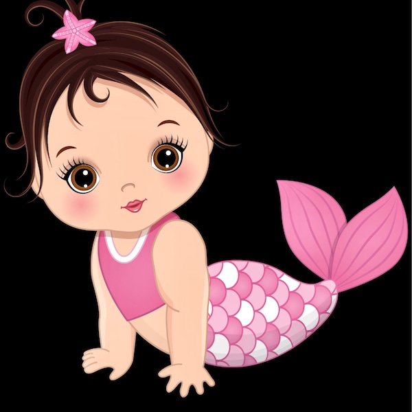 Cute Baby Mermaid Clipart - Vector Newborn Clipart, Baby Girl Clipart ...