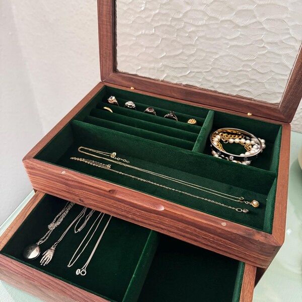 Glass Custom Carved Walnut Jewelry Box Double Layer Jewelry Organizer ...