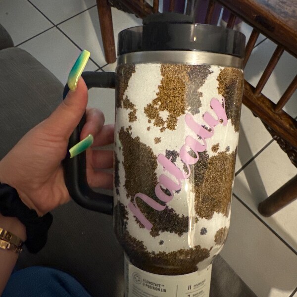 Custom Cow Hide Authentic Stanley Tumbler Epoxy Glitter Black Cow