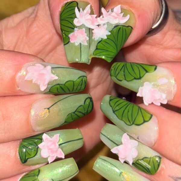 Handmade Hand-painted 3D Floral Carving Pastel Pink Lotus and Green ...