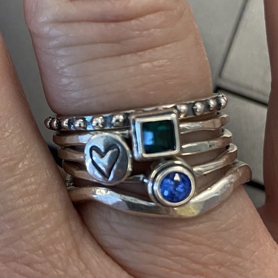 Stacking Mothers Birthstone Rings Mom of Two Set of 2 Sterling Silver ...