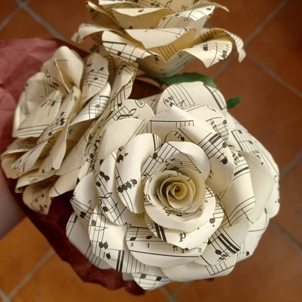 Sheet Music Paper Rose With Green Leaves and Gift Message Tag - Etsy