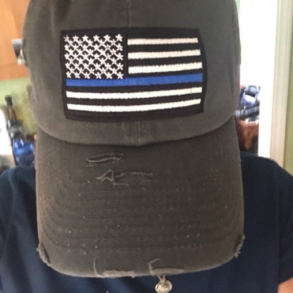Thin Blue Line Hat, Distressed Baseball Cap OR Ponytail Hat With Thin ...