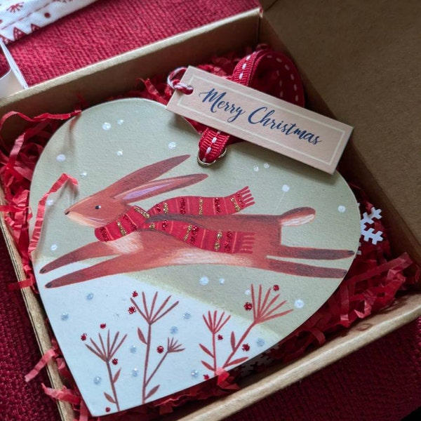 Beautiful Leaping Hare and Bluebird Illustrated Wooden Heart Hanger ...