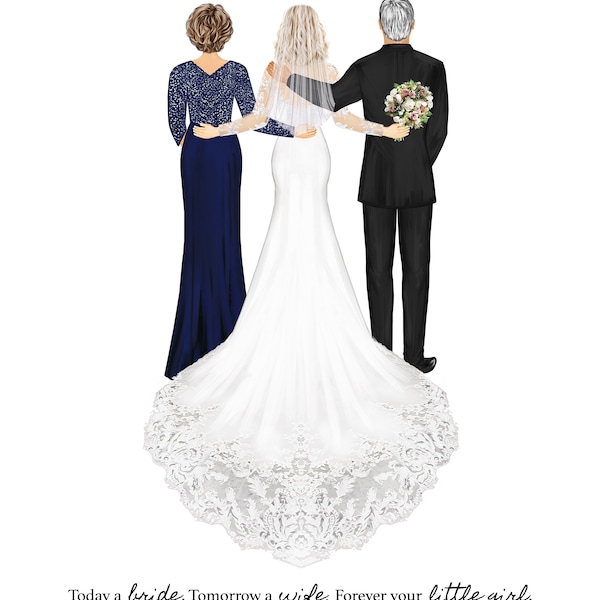 Personalized Bride and Parents Portrait Art PRINT | Mother & Father of ...