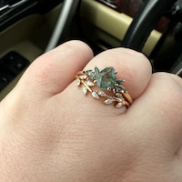 Pear Shaped Moss Agate Engagement Ring Set Vintage Rose Gold Marquise Engagement Set Enhancer ...