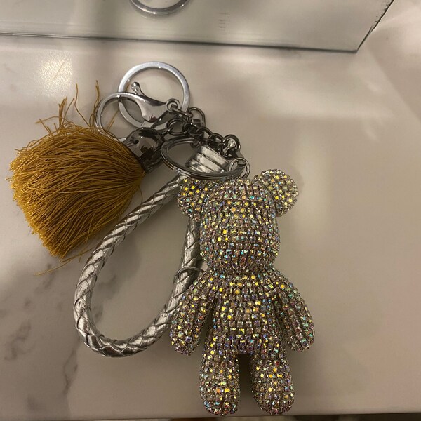 Crystal Bear Key Chains Cute Keyrings Tassel Silver Rope Braided ...