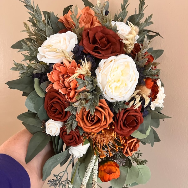 Cascade Mixed Fall Bridal Wedding Wedding Bouquets, Burnt Orange, Navy ...