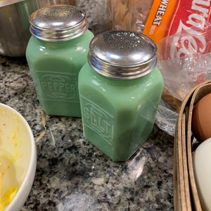 Jadeite Green Glass Salt & Pepper Shaker Set, LRG Depression Style ...