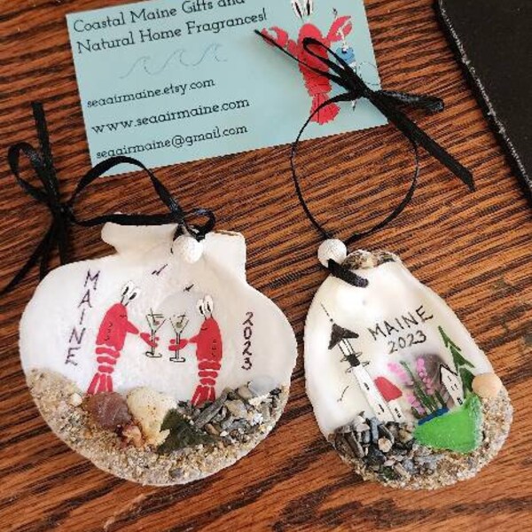 Hand Painted Maine Scallop Shell Ornament - Maine Lobsters Toasting Red ...