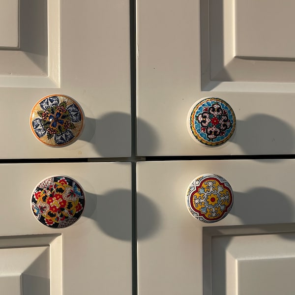 Talavera Spanish Dark Blue Wood Drawer Knob, Mandala Mexican Floral ...