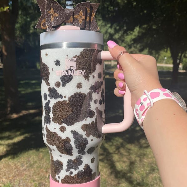 Custom Cow Hide Authentic Stanley Tumbler Epoxy Glitter Black Cow