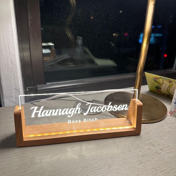 Custom Desk Name Plate With Wooden Base - Lighted Name Sign, Office ...