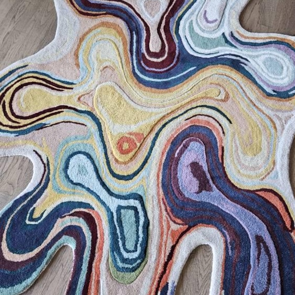 Muted Beige Wavy Irregular Organic Shaped Hand Tufted Wool Rugs for ...