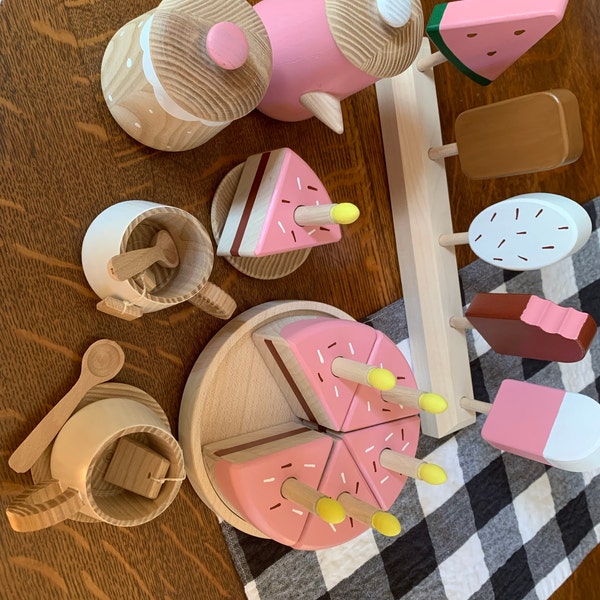 Wooden Tea Set for Kids, Wooden Play Kitchen Accessories, Pretend Play ...