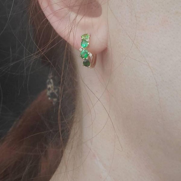 Emerald Hoop Earrings, Minimalist Hoop Emerald Earrings, 4 Stones, Natural Emerald Hoop Earrings ...