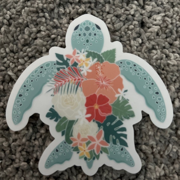 Sea Turtle With Flowers Clear Vinyl Sticker || Ocean Stickers Surf ...